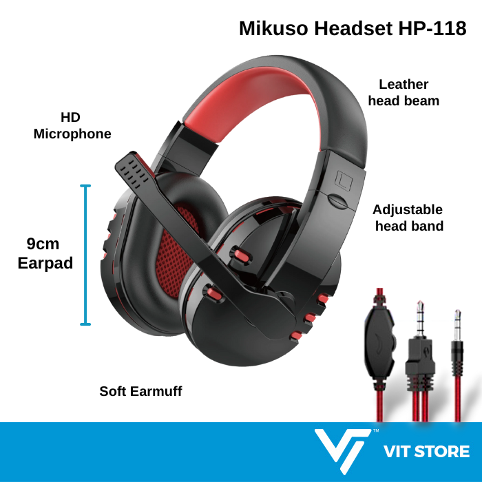 MIKUSO HP-118 Over Ear Headset Mic Wired Gaming Anti-Noise Red ...