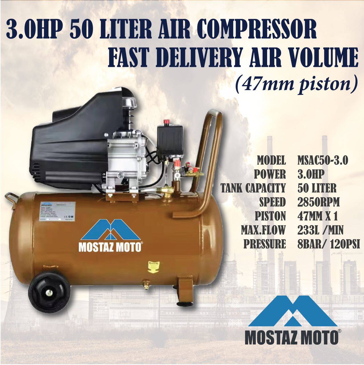 Mostaz Moto Air Compressor 3HP 50L MSAC50 100% Copper Wire Motor ...