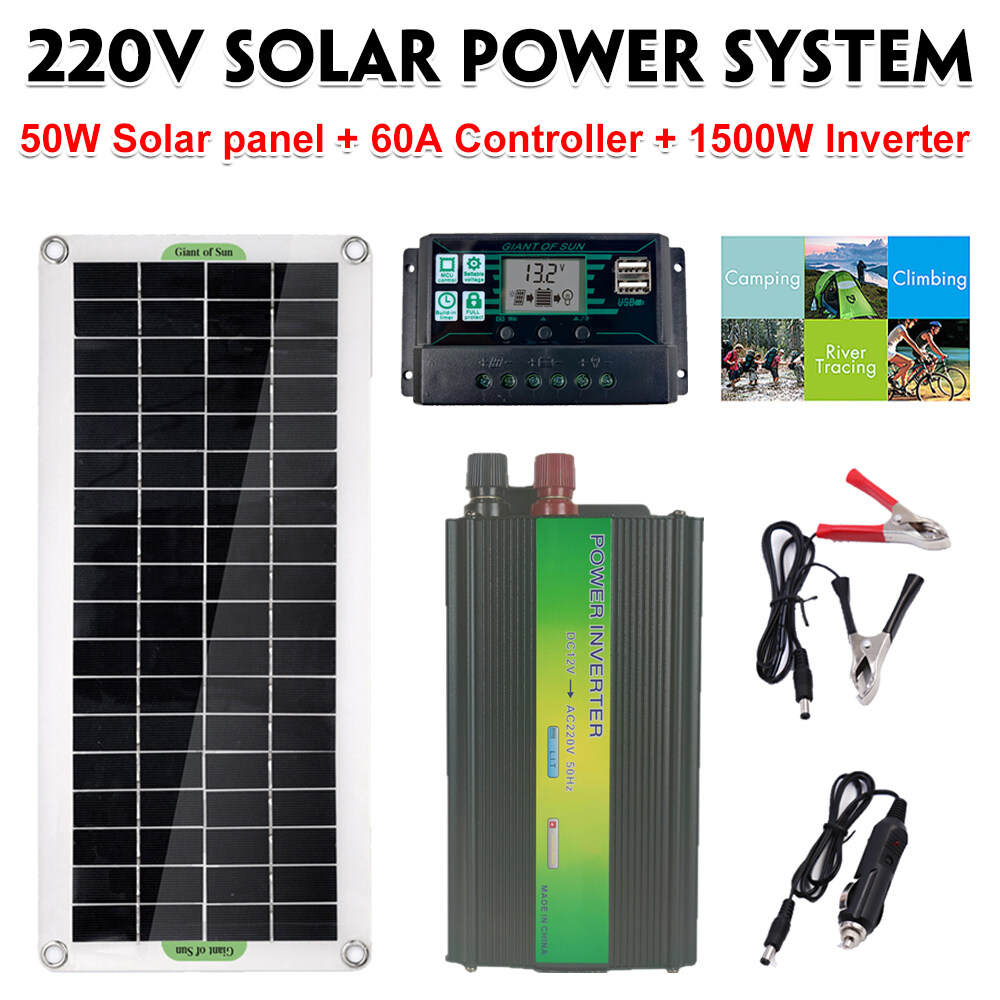 220V Solar Power System Kit Solar Panel 1500W Inverter + 50W Solar ...
