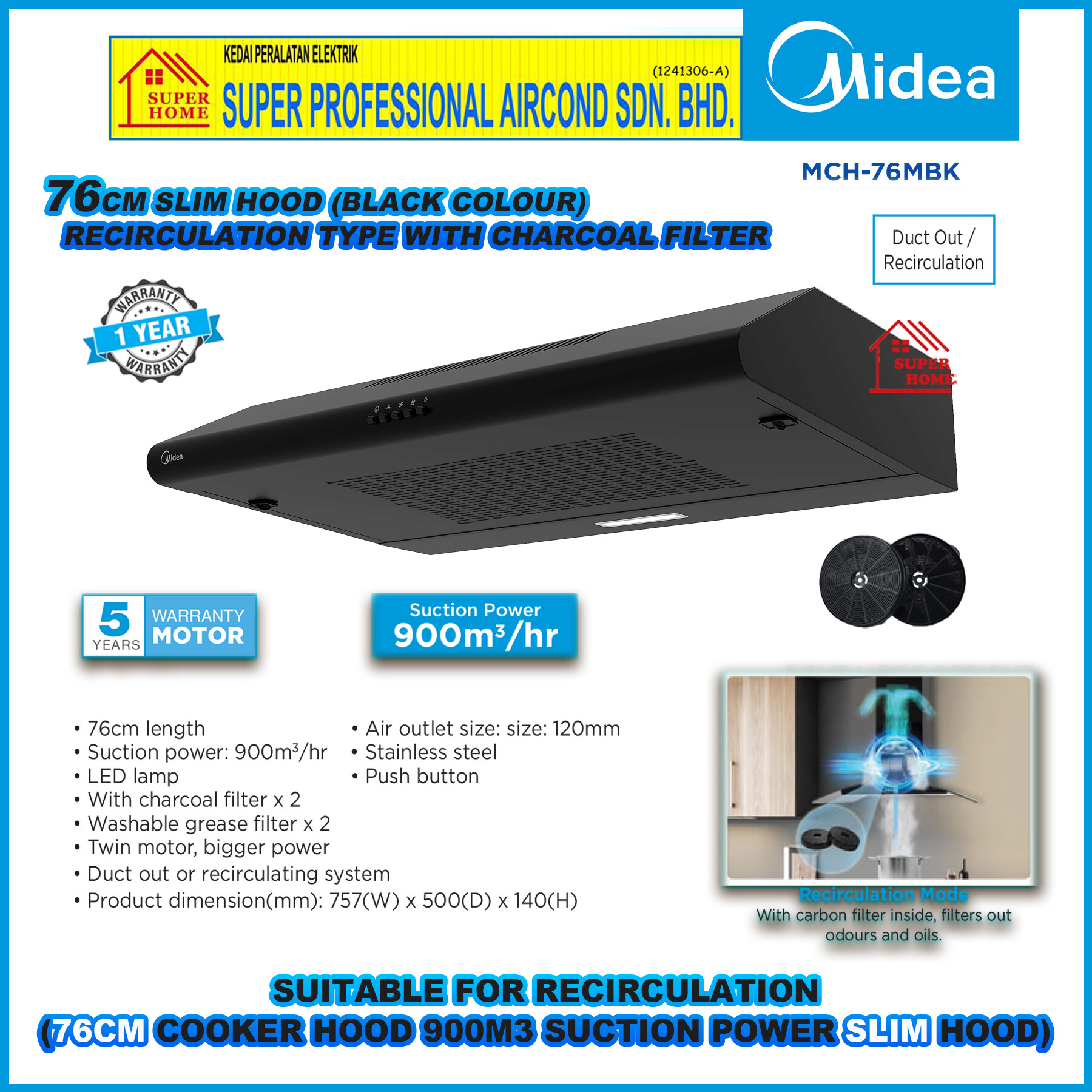 Midea Slim Cooker Hood MCH-76MSS 2.5Feet (76CM) recirculating system ...