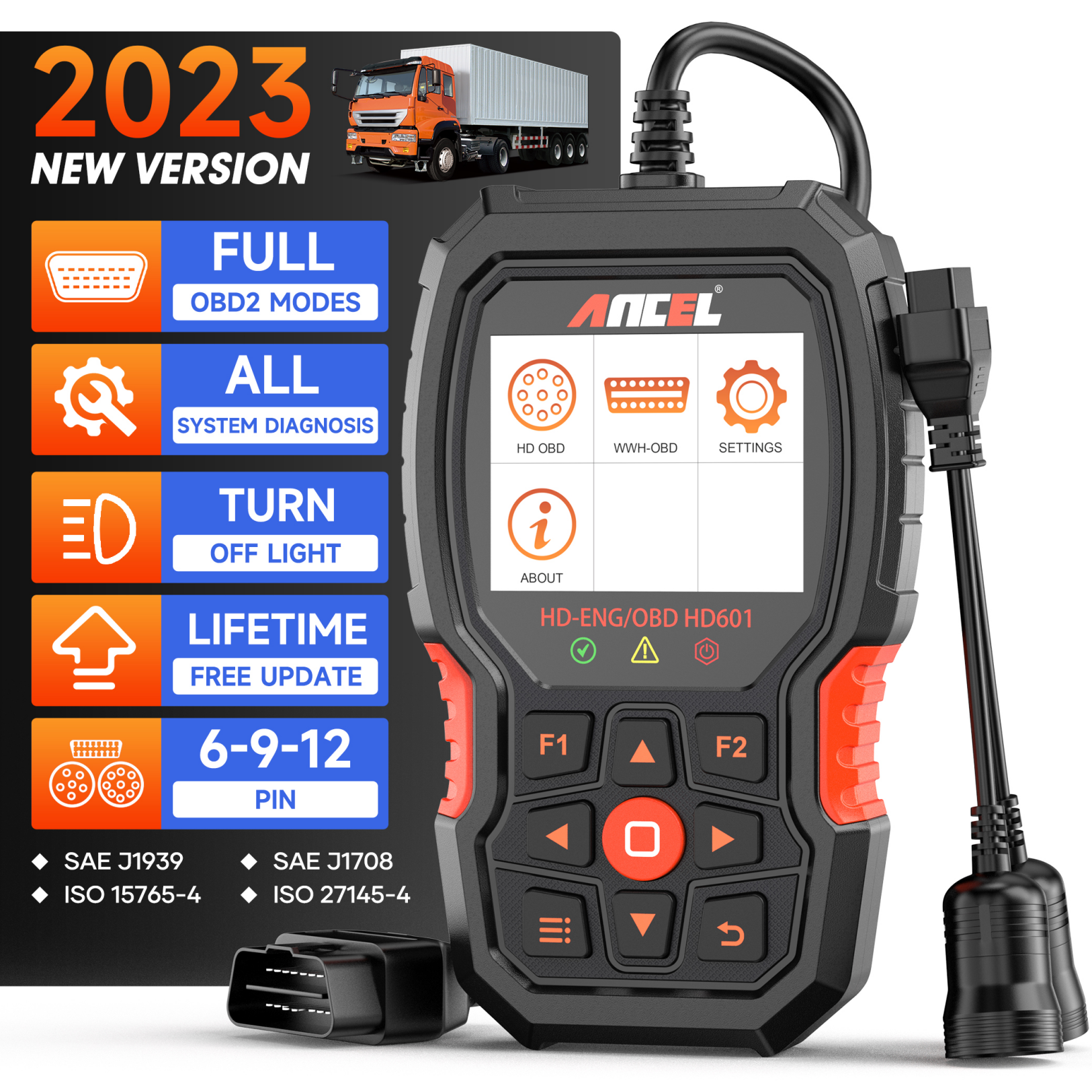 ANCEL HD601 For 24V Heavy Duty Truck Full System OBD2 Scanner Support ...