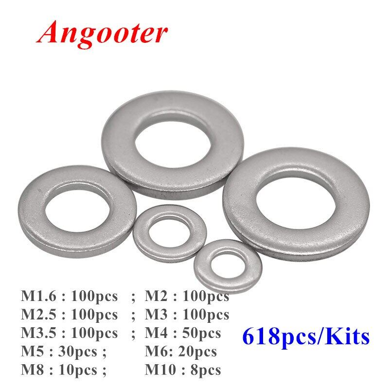 618Pcs 304สแตนเลสสตีลแบนชุดเครื่องซักผ้า M1.6 M2 M2.5 M3 M3.5 M4 M5 M6 M8 M10แบนเครื่องซักผ้าแบบ ...
