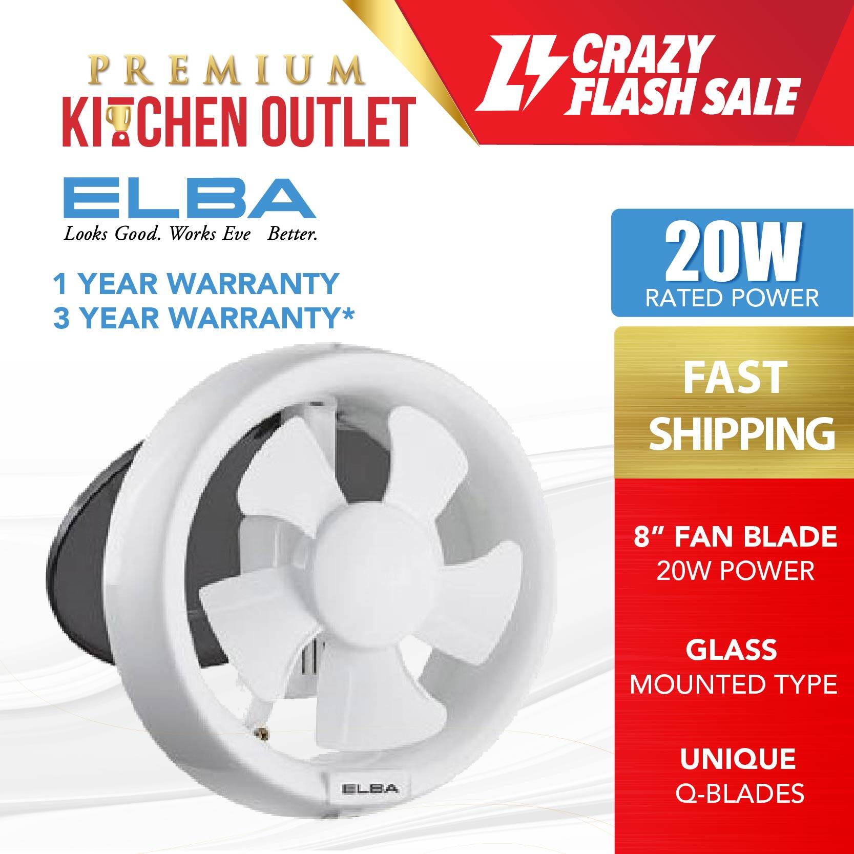 Elba Italy 8" Glass Mounted Ventilation Fan 5 Blade EGVF-E0815(WH) | 6 ...