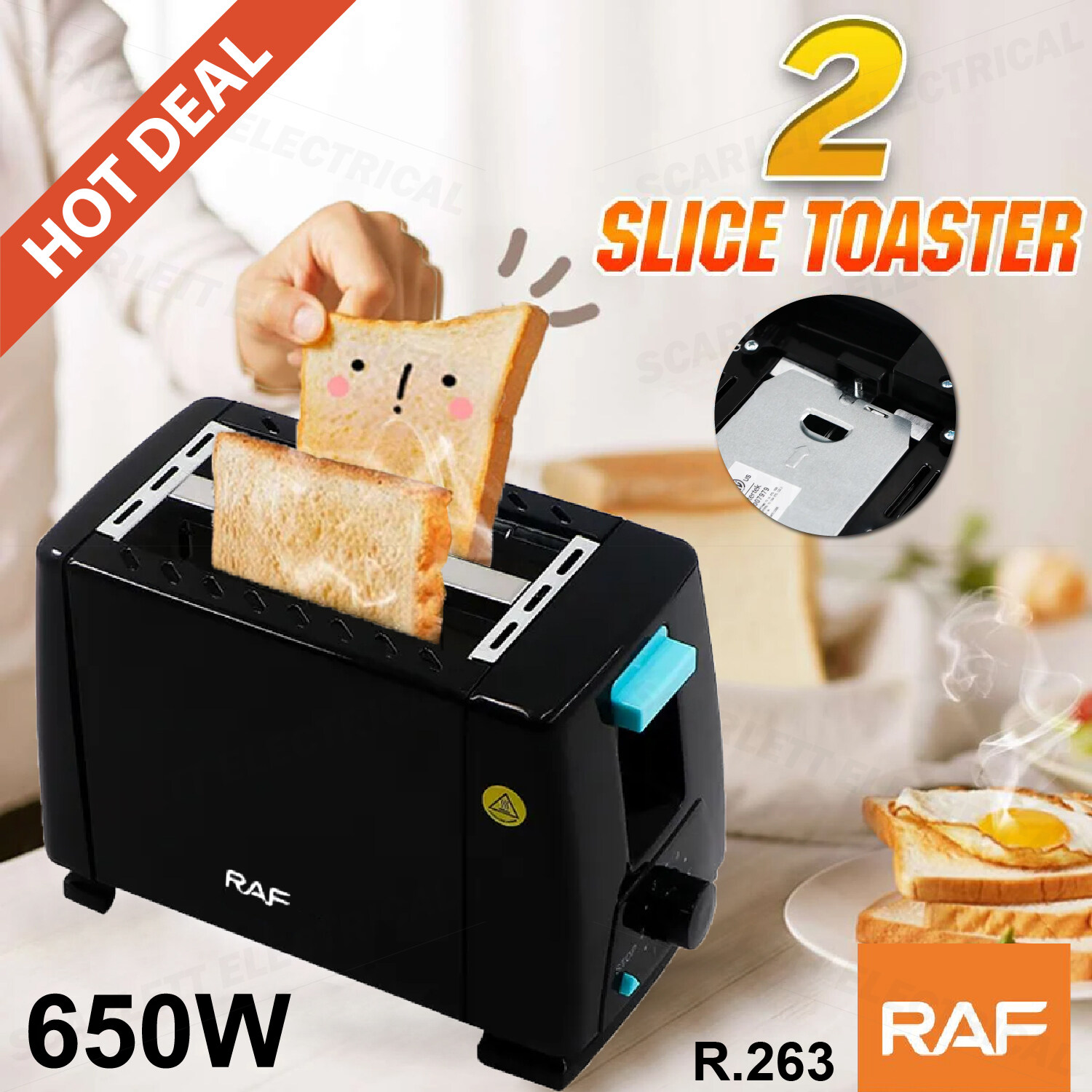 RAF 2 Slice Toaster 650W Breakfast Bread Pop Up Toaster Grill with ...