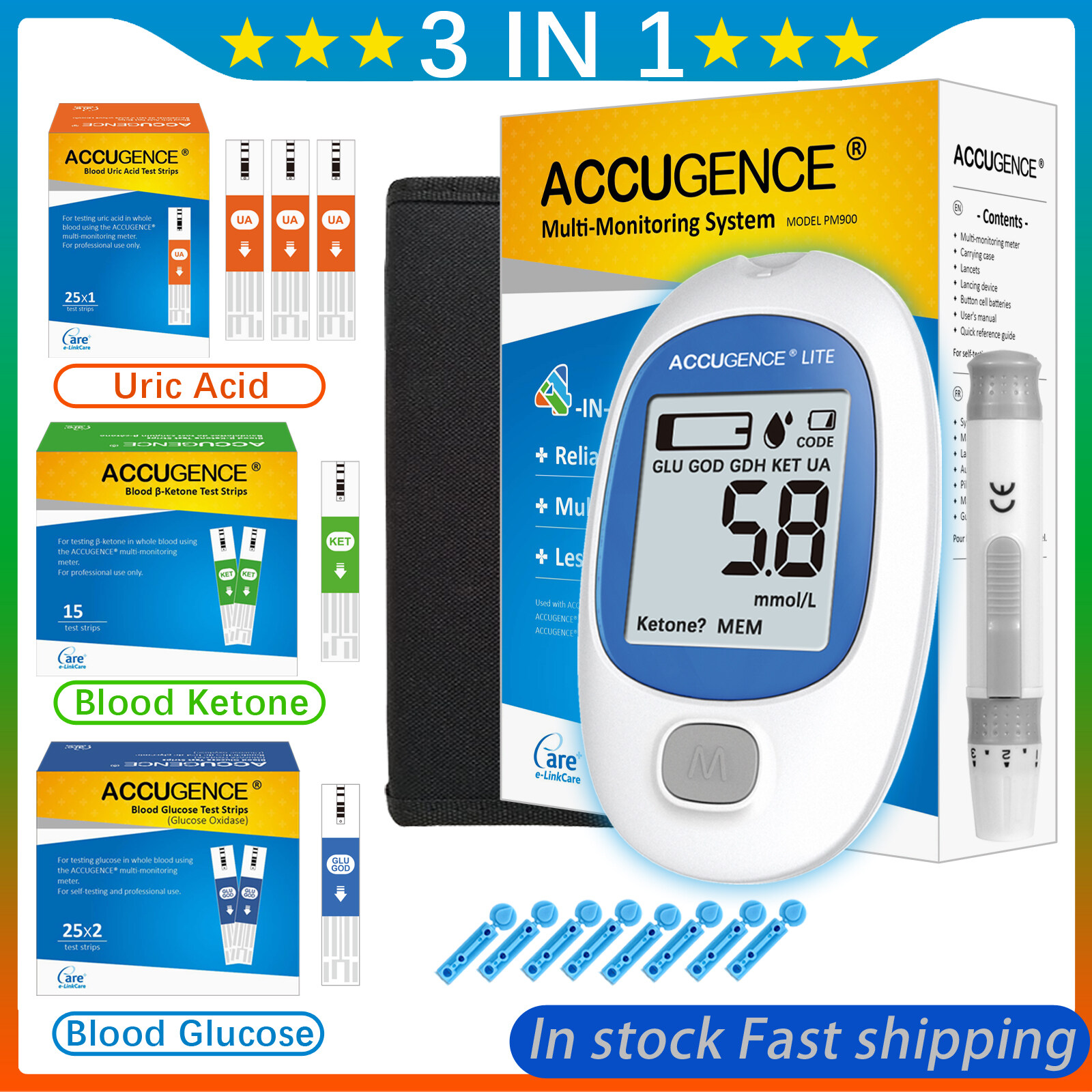 3 in 1 Blood glucose Blood ketone Uric Acid Meter Test Strip Glucometer ...