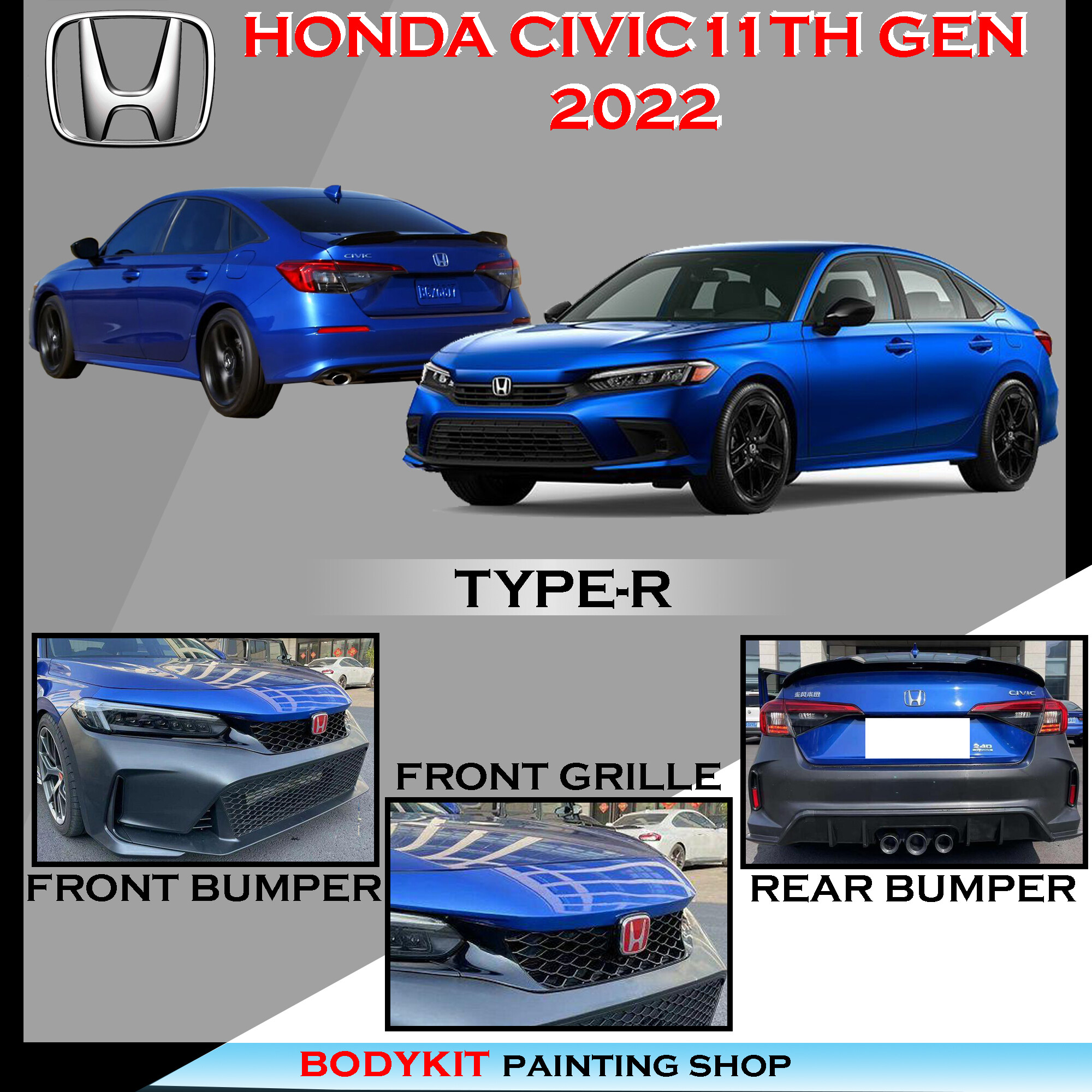 HONDA CIVIC 2022 FE TYPE R STYLE FULLSET SKIRTING (FRONT BUMPER,FRONT ...