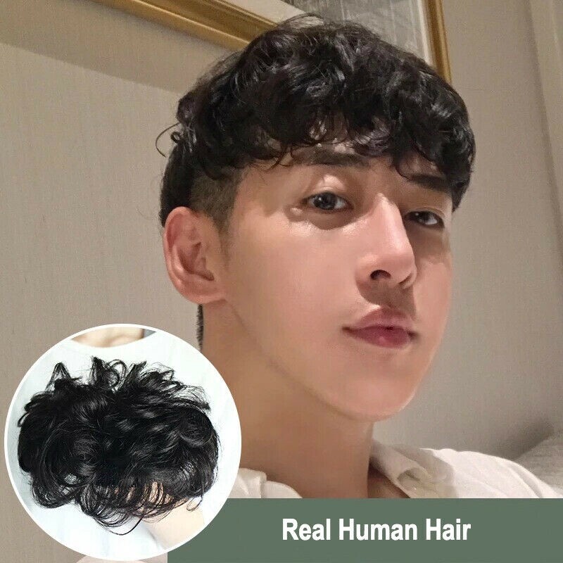 Man Short Wig Real Human Hair Bald Replacement Block Curls Fluffy for ...
