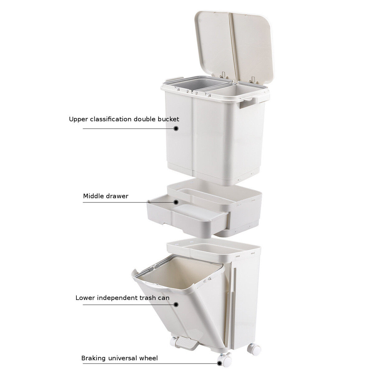 Waste Bin Kitchen Living Room Bathroom Wheels Trash Can Dry and Wet ...