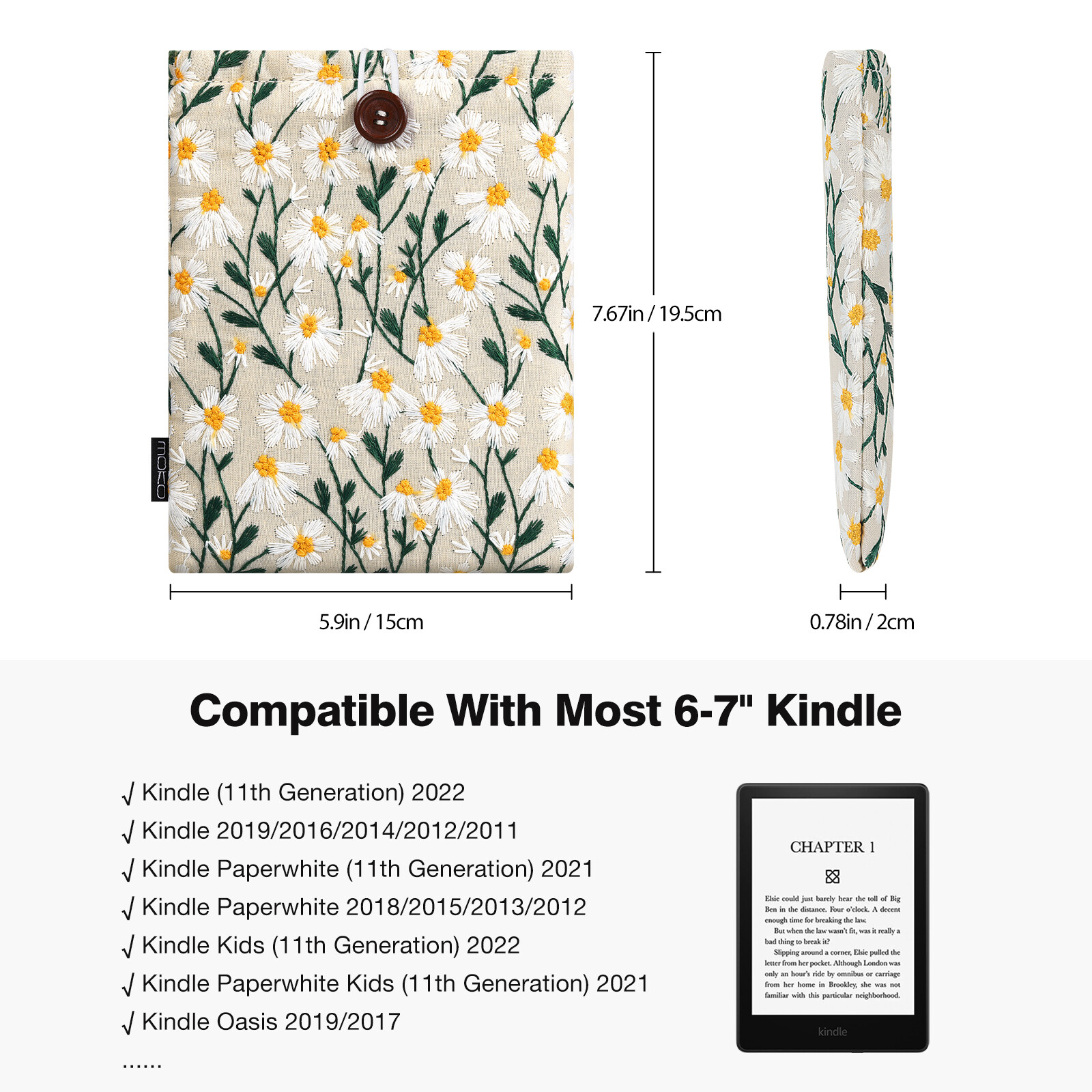 MoKo 6-7 Inch Embroidered Daisy Padded Sleeve Pouch for Kindle 11th Gen ...