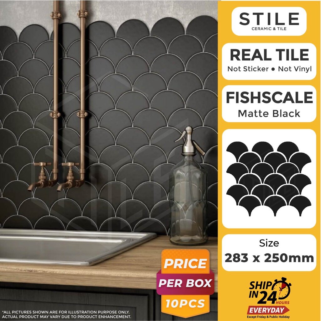 [REAL TILE] Fish Scale Matte Black Mosaic Tiles /Mozek/Ceramic Tiles ...