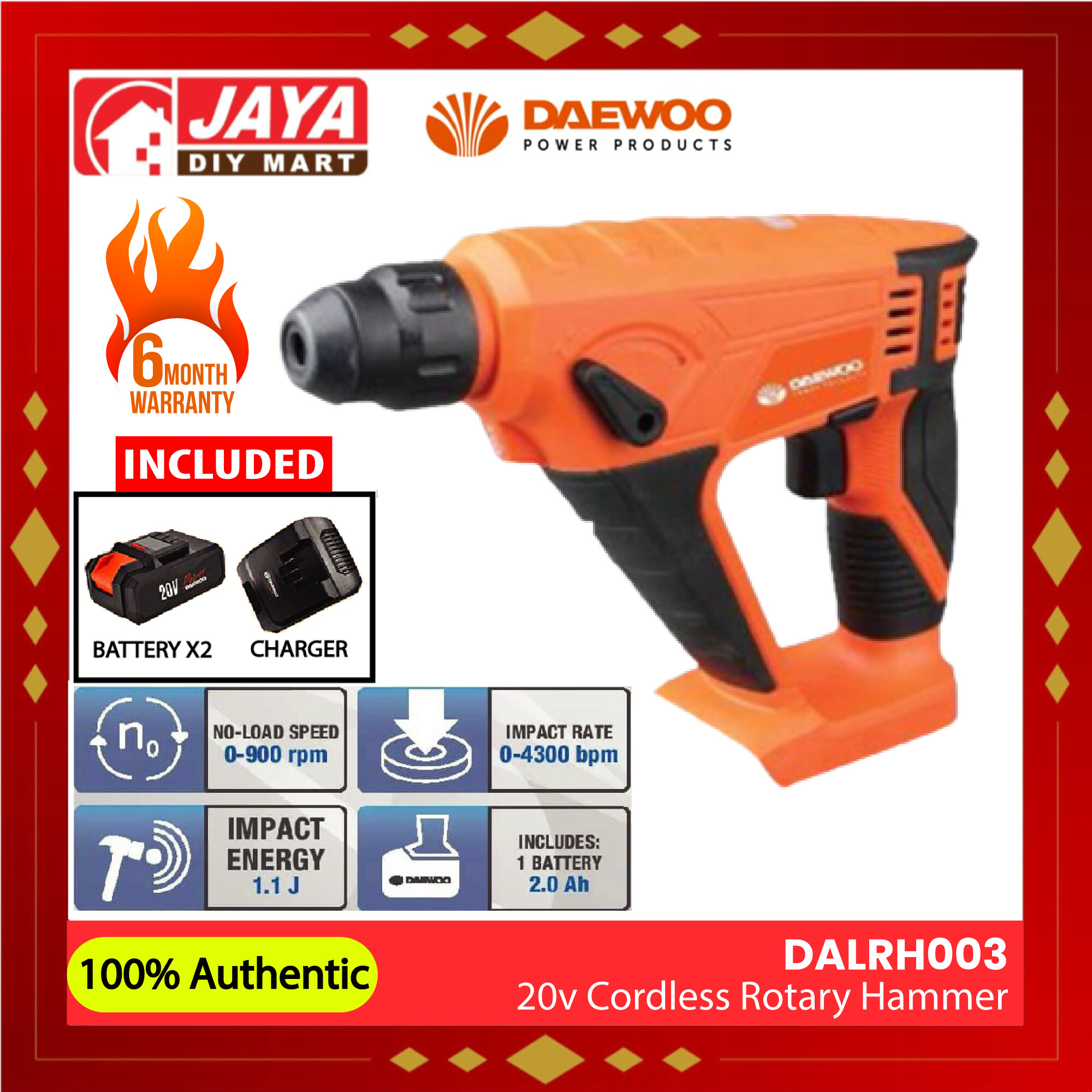 DAEWOO DALRH003 20v CORDLESS ROTARY HAMMER (6 months warranty) JAYA DIY ...