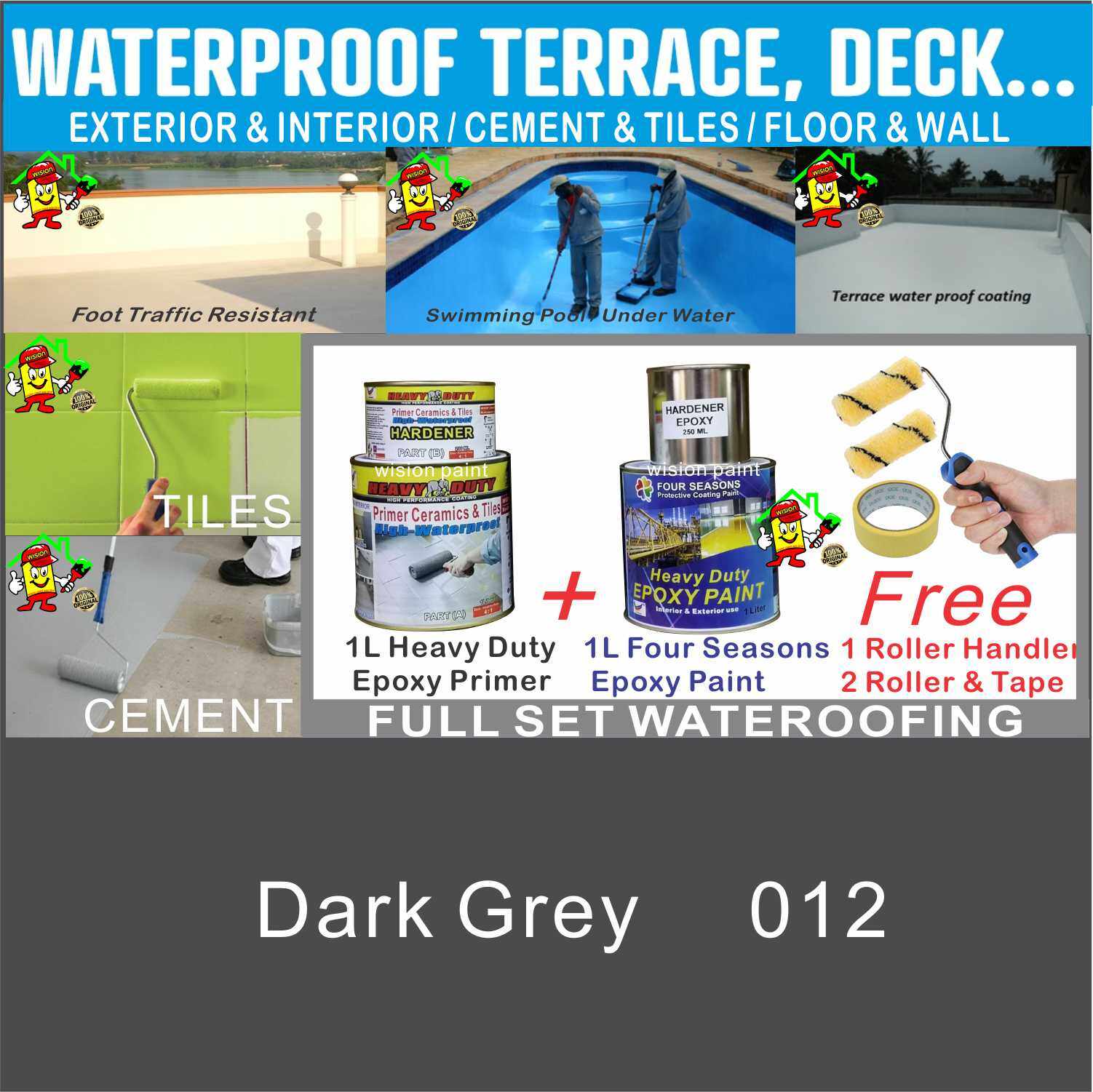 012 DARK GREY ( full set 1L waterproof primer / 1L epoxy paint & tools ...