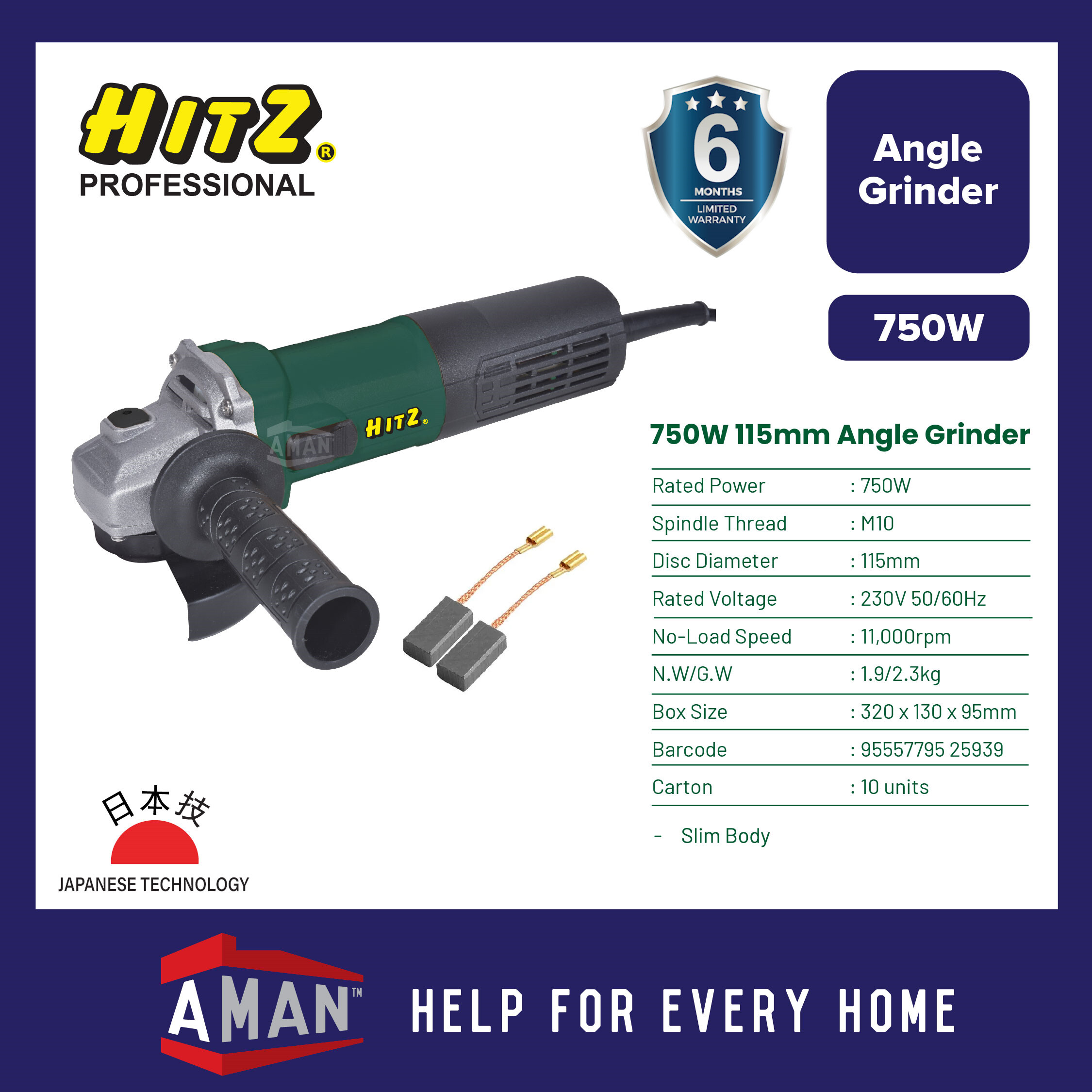 HITZ Angle Grinder Corded 750W 115mm Grinding Cutting Machine Pengisar ...