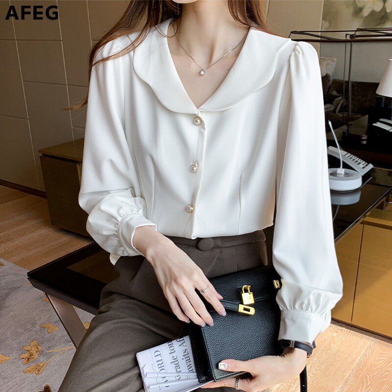 AFEG ใหม่สไตล์เกาหลียาวแขนยาวผ้าชีฟองสีทึบเสื้อเชิ้ตผู้หญิง - AFEG ...