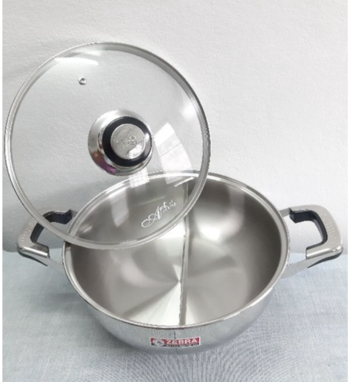 Zebra SUS304 S/Steel 26cm Shabu Pan Glass Lid and 2 Division 泰国斑马牌玻璃盖火锅 ...