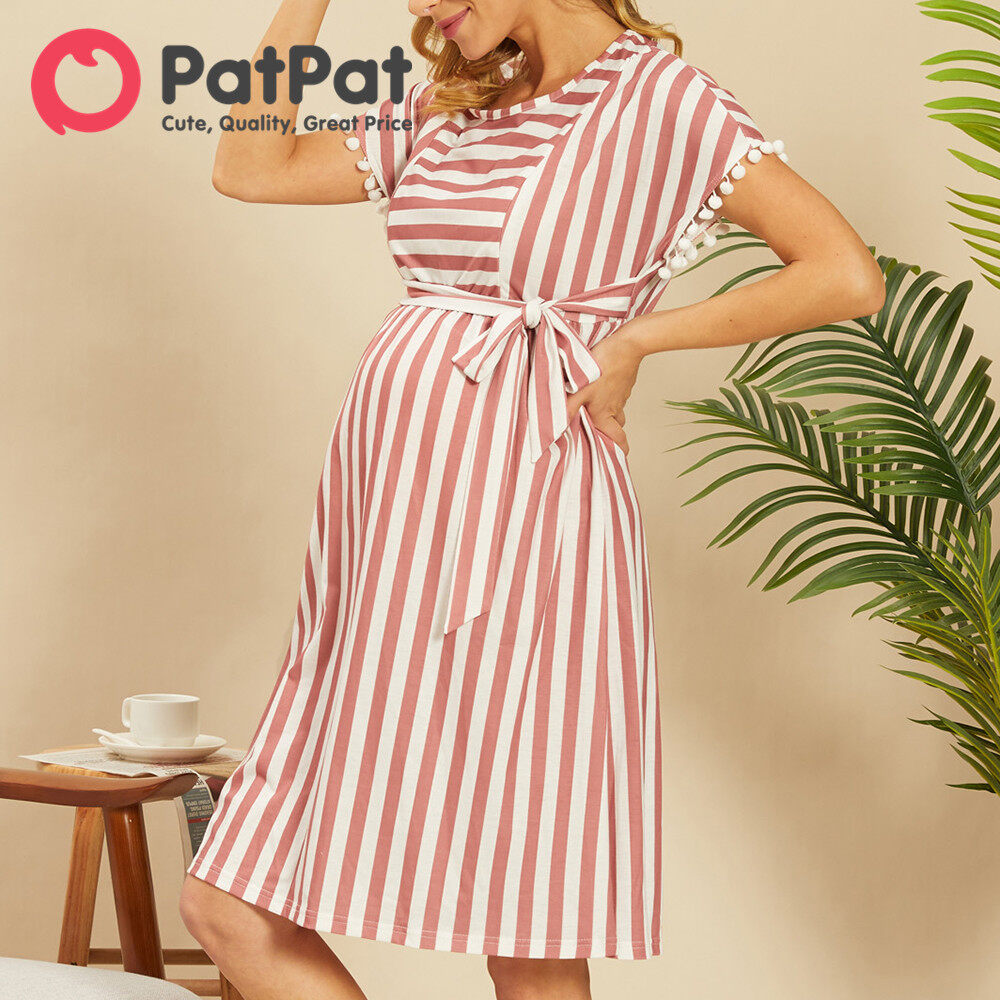 PatPat Maternity Women Clothes Round Collar Stripes Plain Cameo Brown ...