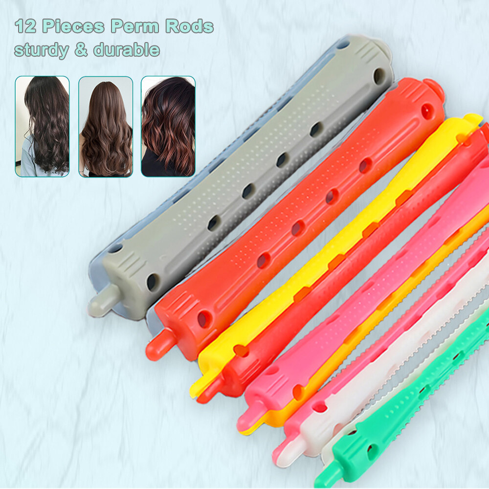 12 Pieces Perm Rods with Perm Rod Bands Cold Wave Rods Assorted Sizes ...
