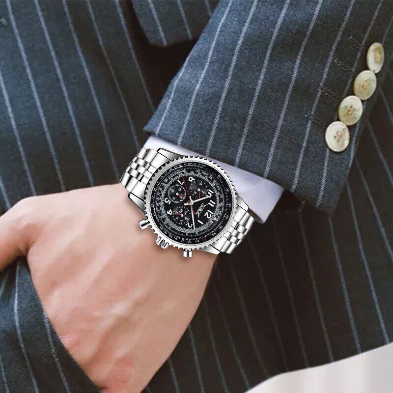 JARAGAR Pilot นาฬิกาออโตเมติกผู้ชายสีดำ3 Dial Multifunction วันที่เหล็กกีฬานาฬิกาแบรนด์ชั้นนำ ...