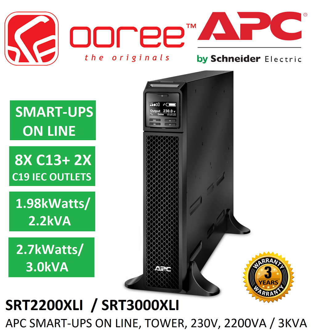 APC SMART-UPS ON LINE SRT2200XLI (2200VA) / SRT3000XLI (3KVA), TOWER, 230V, 8X C13+2X C19 IEC ...