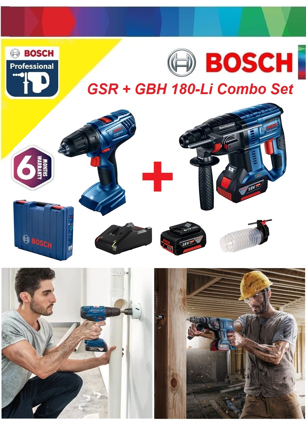 Bosch GSR + GBH 180-Li Cordless Drill Driver & Rotary Hammer Combo Set ...