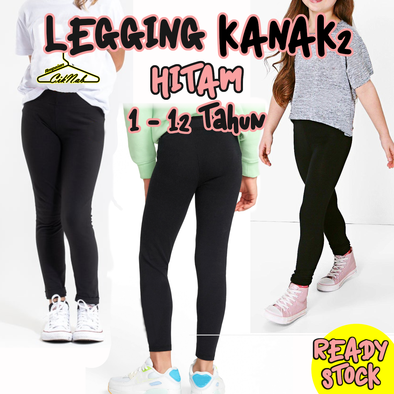 Legging Kanak-kanak HITAM PLAIN 1 - 12Tahun Kids Cotton Tight Legging ...