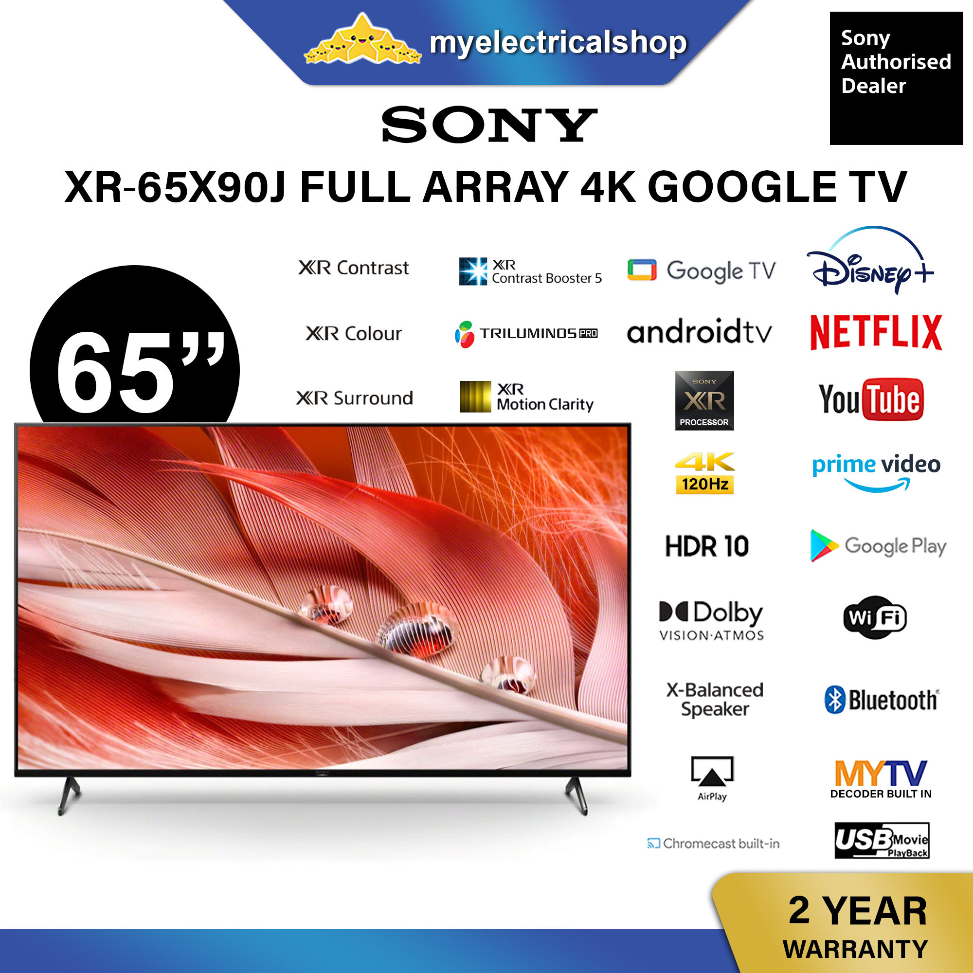 Sony Full Array LED 65 Inch 4K UHD Android TV Google TV XR-65X90J HDR Google Play Store Disney ...