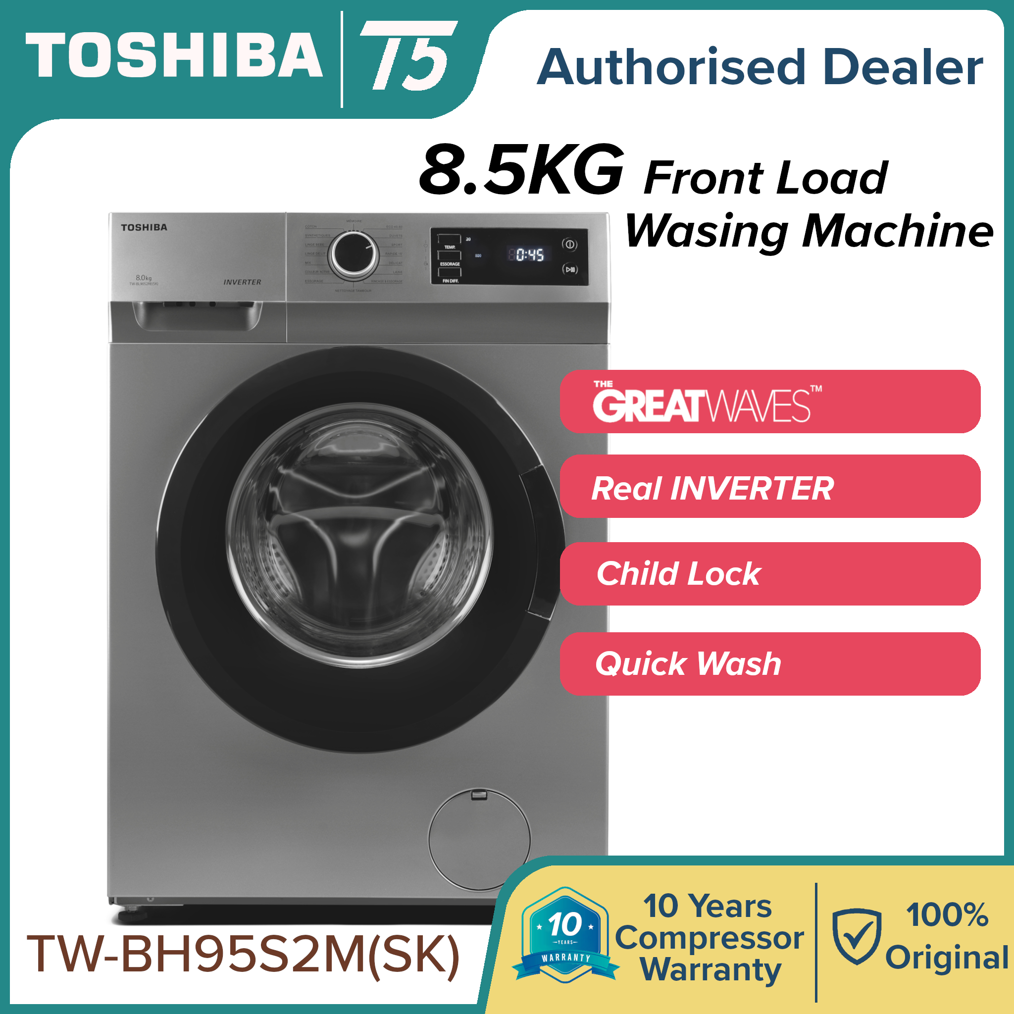 TOSHIBA 8.5kg Front Load Inverter Washer Washing Machine TW-BH95S2M / TW-BH95S2M(WK) / Mesin ...