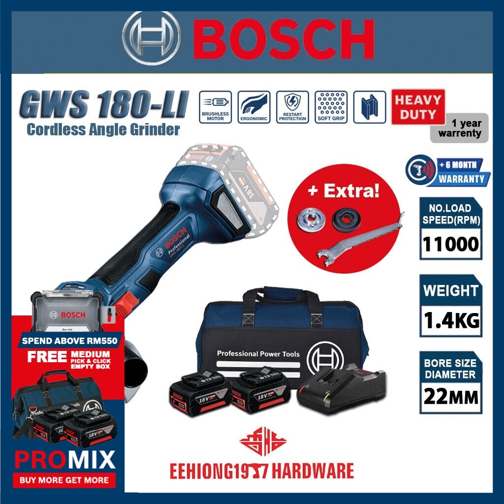 BOSCH GWS180-LI 18V Cordless Angle Grinder Brushless Motor 博世充电式角磨机 GWS ...