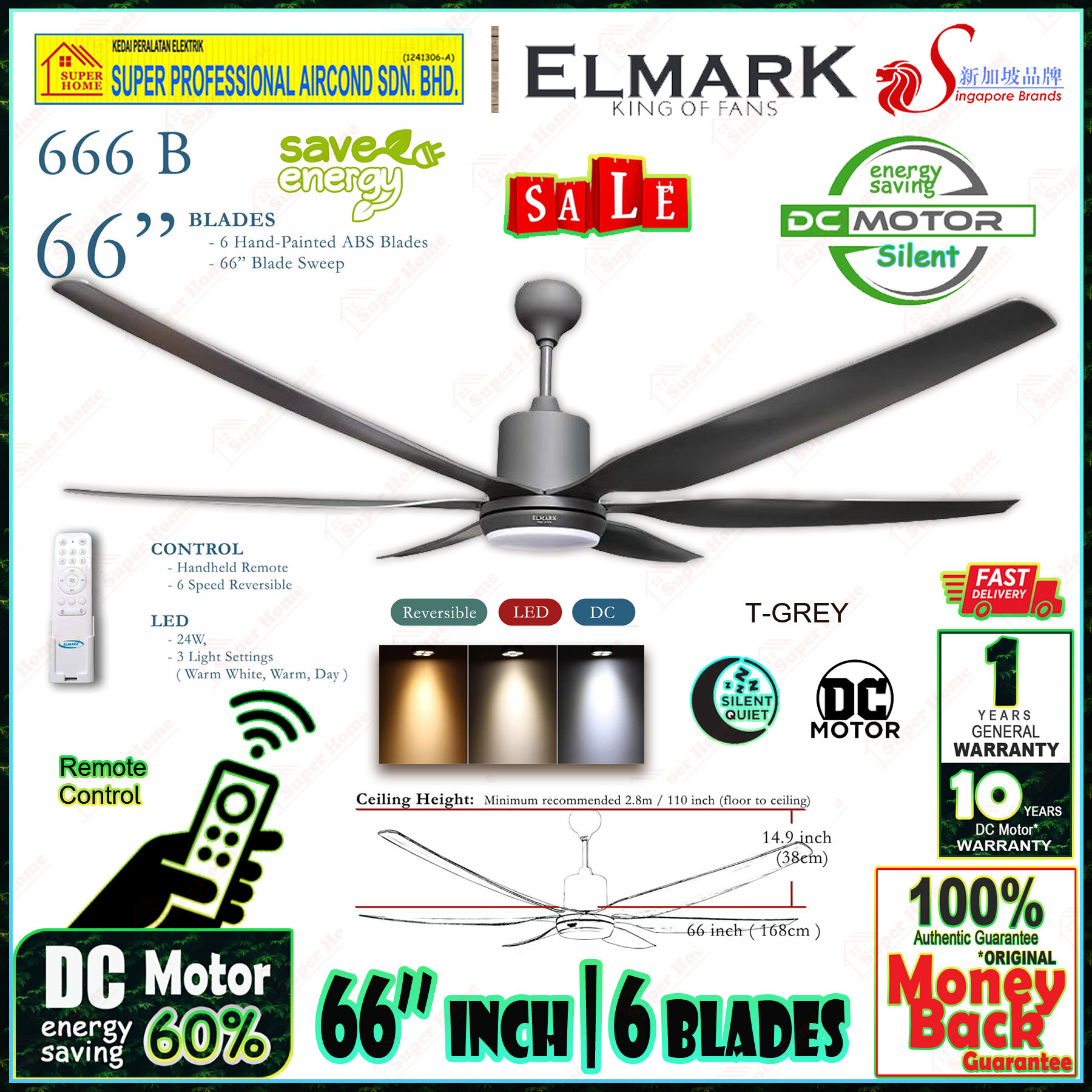 Elmark Ceiling Fan 666B BLACK MC 66” inches DC Motor Remote Control 6 ...