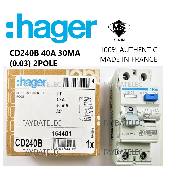 HAGER 2P 40A 30MA(0.03A) RCCB / ELCB (CD240B) (100% AUTHENTIC MADE IN FRANCE) SIRIM APPROVED ...
