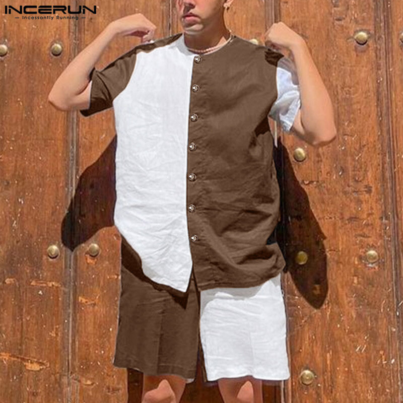 INCERUN เสื้อบุรุษแขนยาวซีทรูเย็บปะติดปะต่อกันเสื้อลำลองพอดีปุ่มลง ...