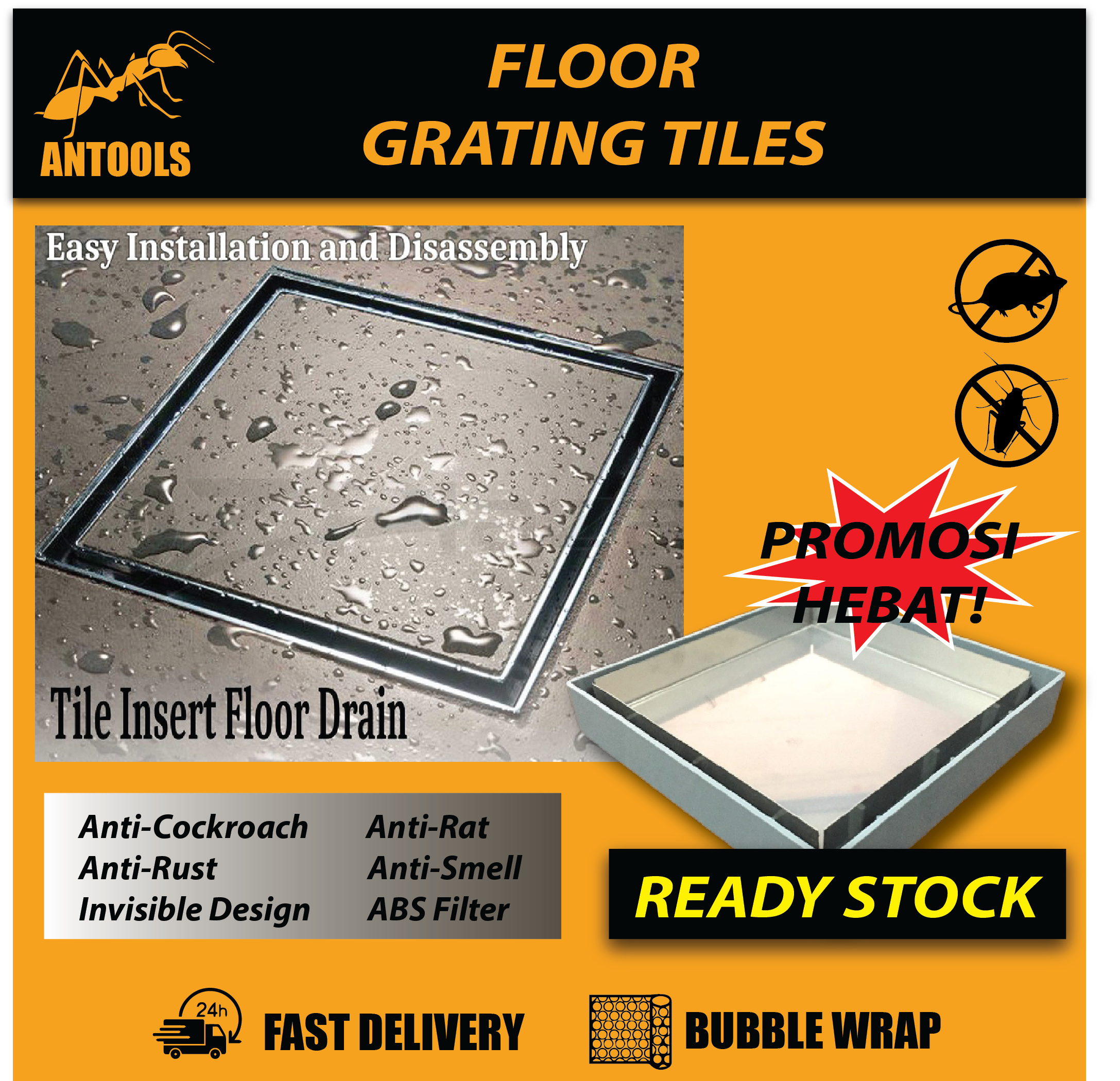 Floor Trap Floor Grating (130mm x 130mm) Anti Cockroach ABS Base Smart ...