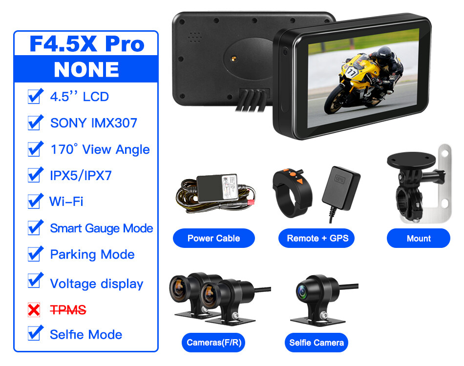 VSYS F4.5X Pro 4.5 ''เครื่องบันทึกกล้องมอเตอร์ไซค์ WiFi 3ช่อง170องศา ...