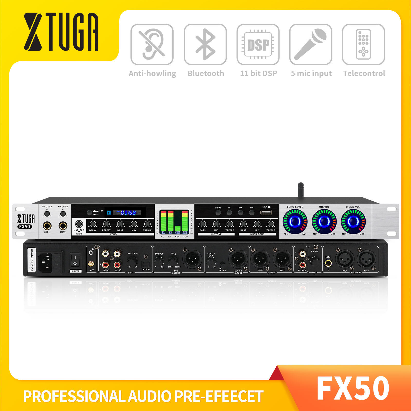 XTUGA FX50 Professional KTV Digital Pre-stage Effector Anti-howling ...