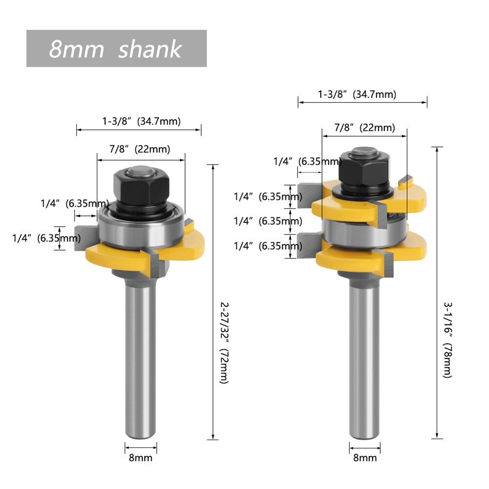 8Mm Shank Router Bits Set Joint Assemble Tongue & Groove For Wood ...