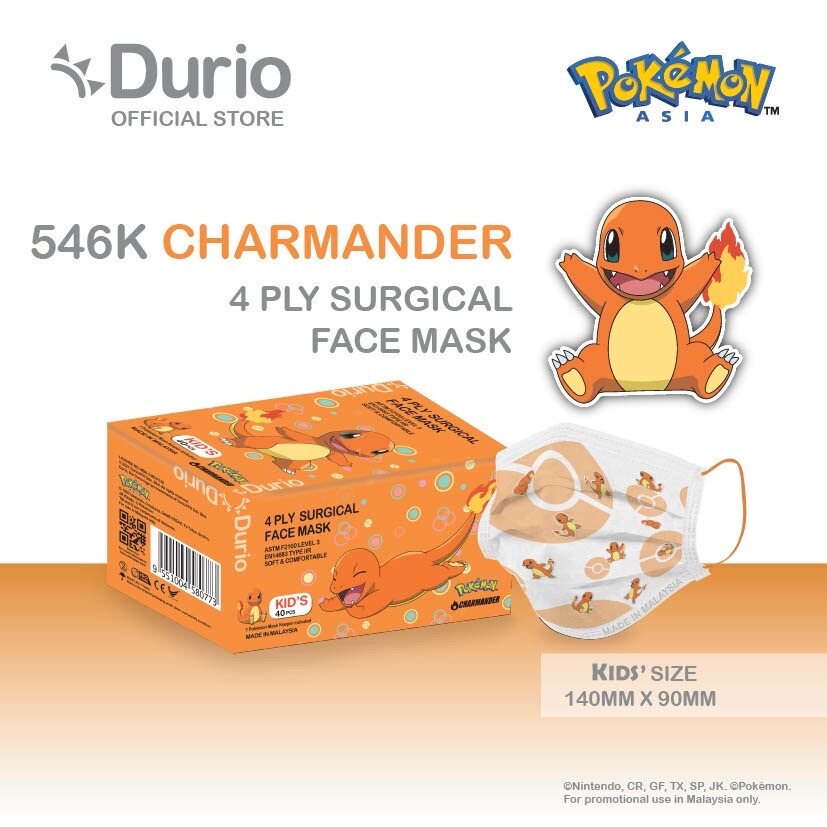 Durio 546K Pokémon Kid's 4 Ply Surgical Face Mask - Charmander - 40pcs ...