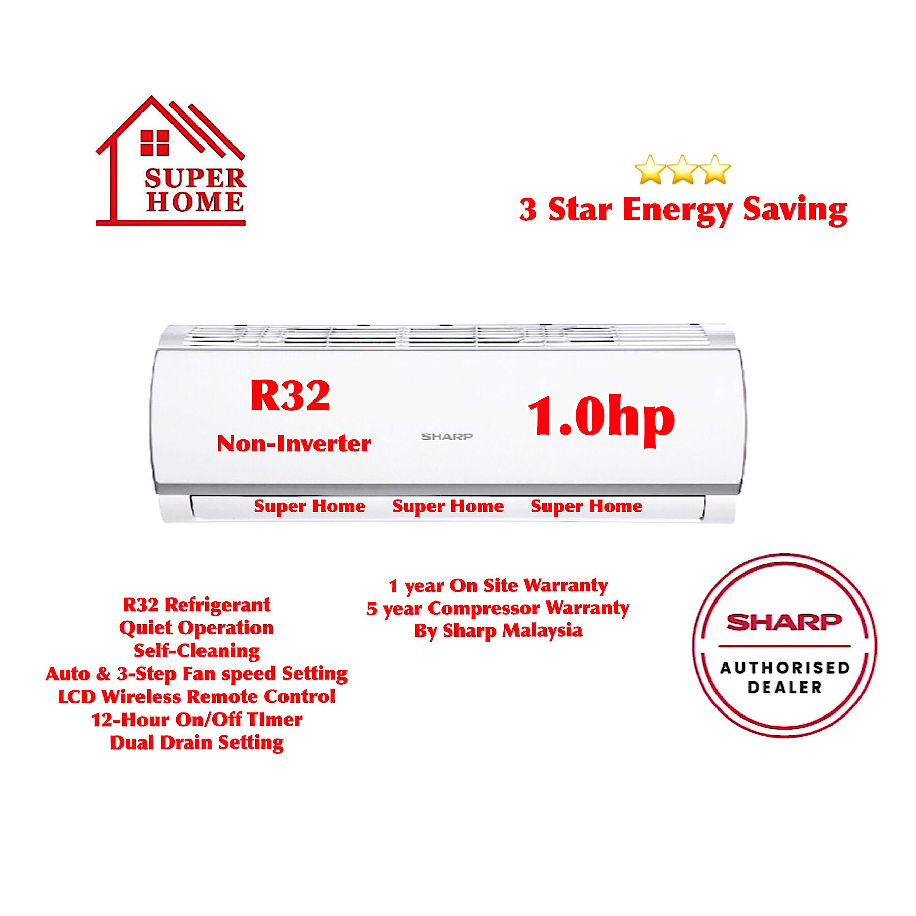 Sharp 1hp Non Inverter Aircond AHA9WCD & AUA9WCD Sharp R32 1.0hp Eco Non Inverter Aircond R32 ...