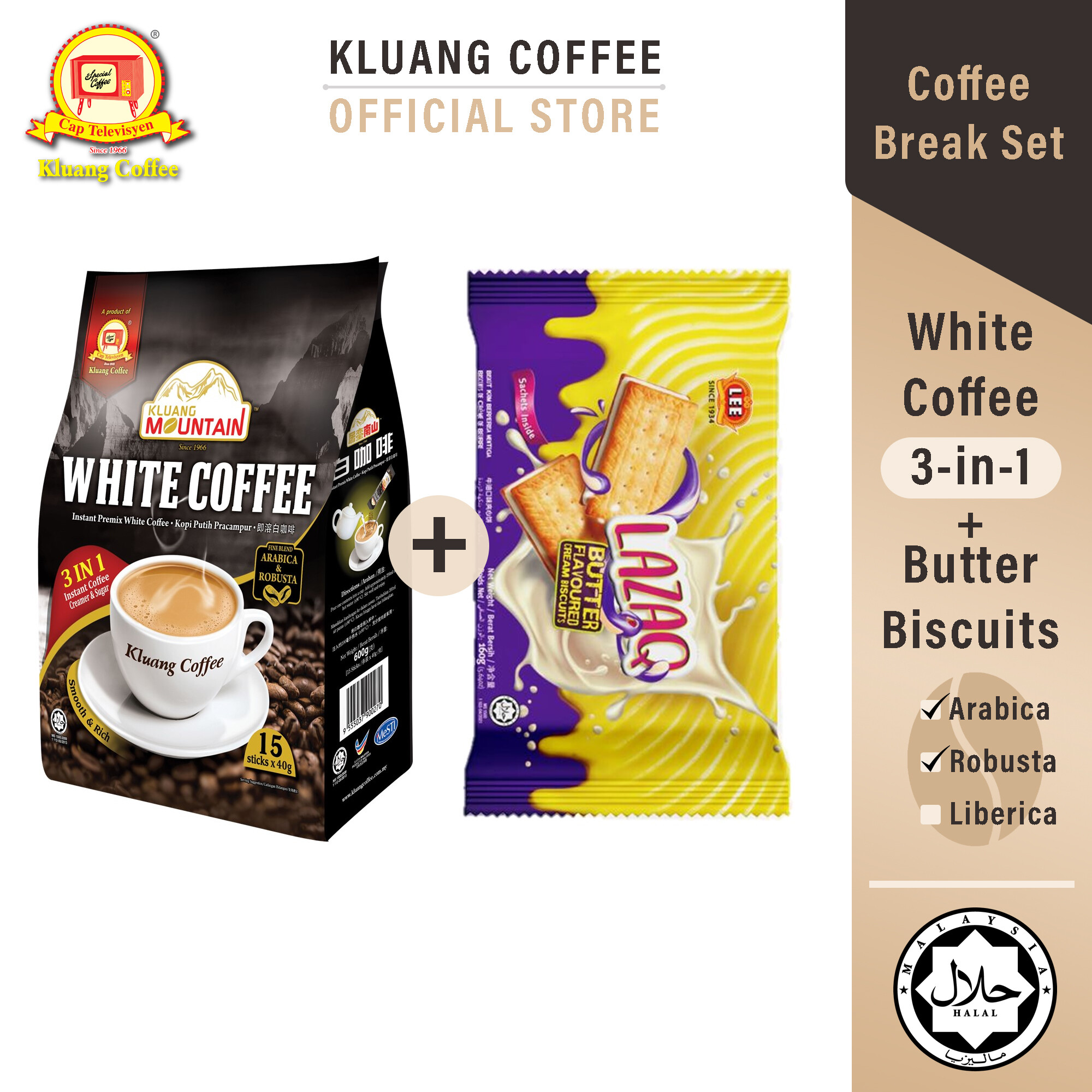Kluang Mountain White Coffee (3 in 1) 15 sticks with Butter Flavoured ...