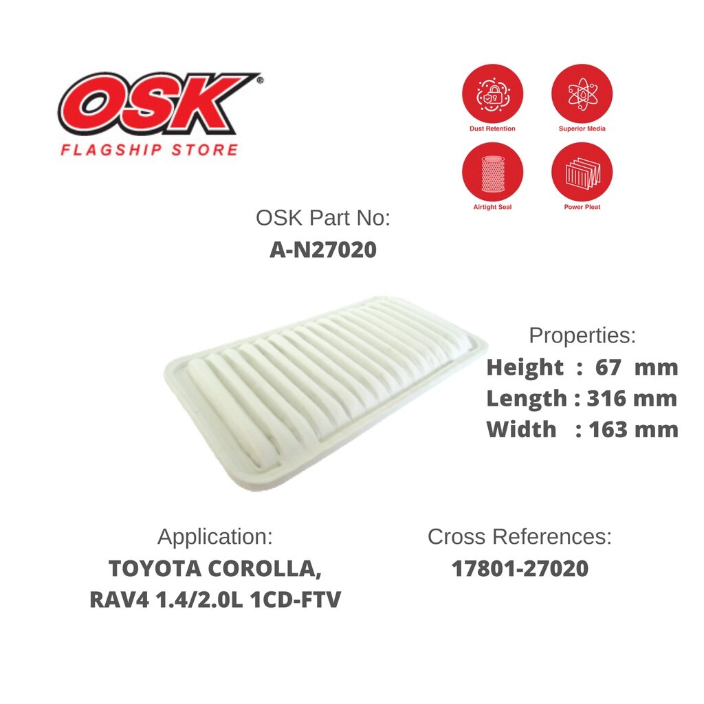 OSK AIR FILTER for TOYOTA COROLLA,RAV4 1.4/2.0L 1CD-FTV A/F 17801-27020 ...