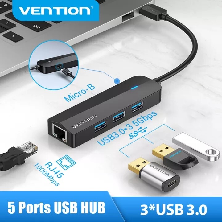 Vention USB HUB 3 Port USB 3.0 Hub with RJ 45 Gigabit Ethernet Adapter ...