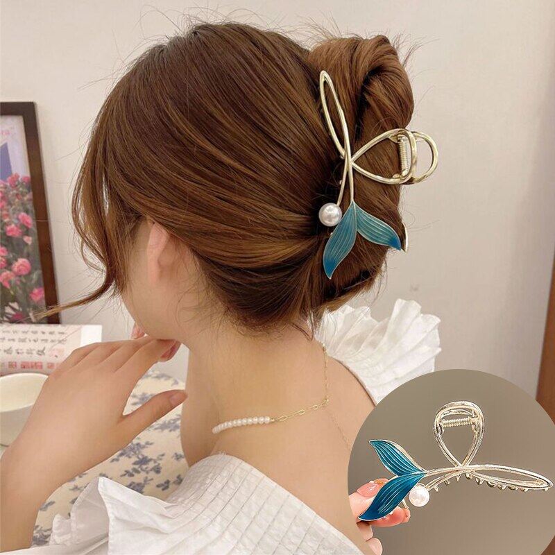 ใหม่ Blue Fish Tail Hair Claw คลิปสำหรับผู้หญิง Elegant Pearl Hairpin ...