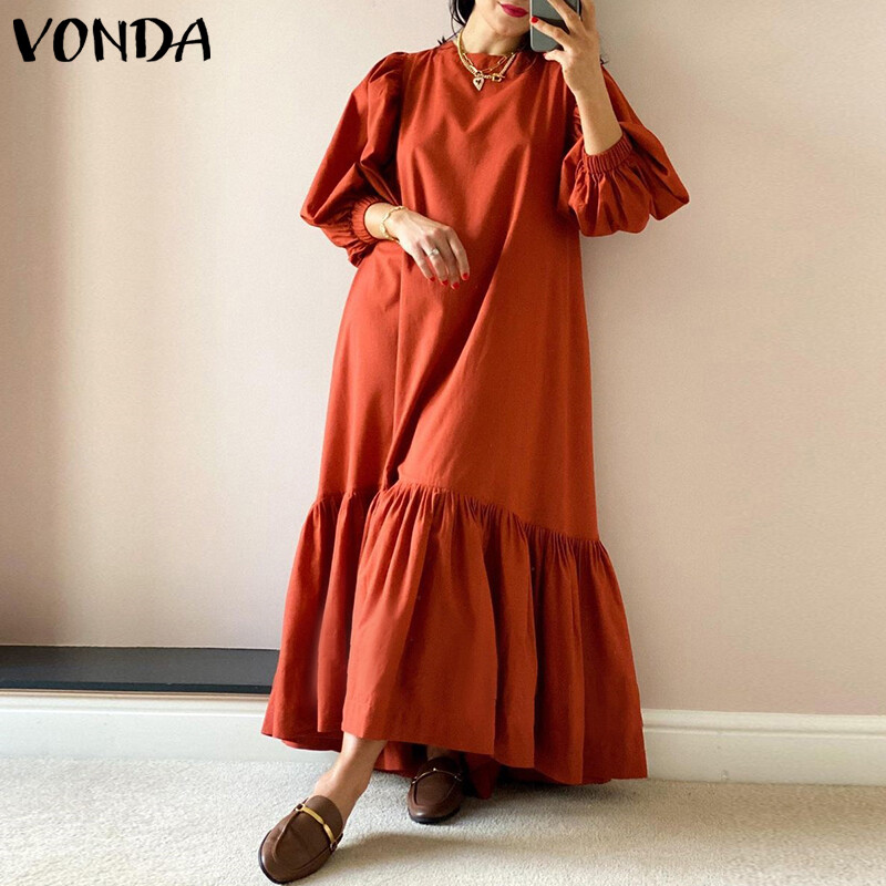 VONDA Women สีทึบวันหยุดเดรสจีบลำลอง3/4 Sleeve O คอชุดเดรสวินเทจ ...