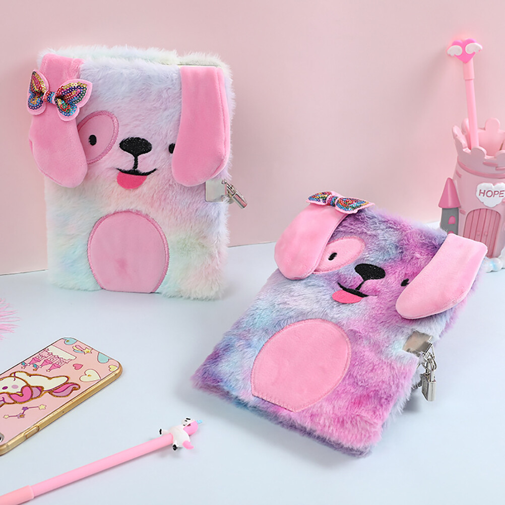 Plush Animal Notebook with Lock 3D Cartoon Diary Book Cute Notebook ...