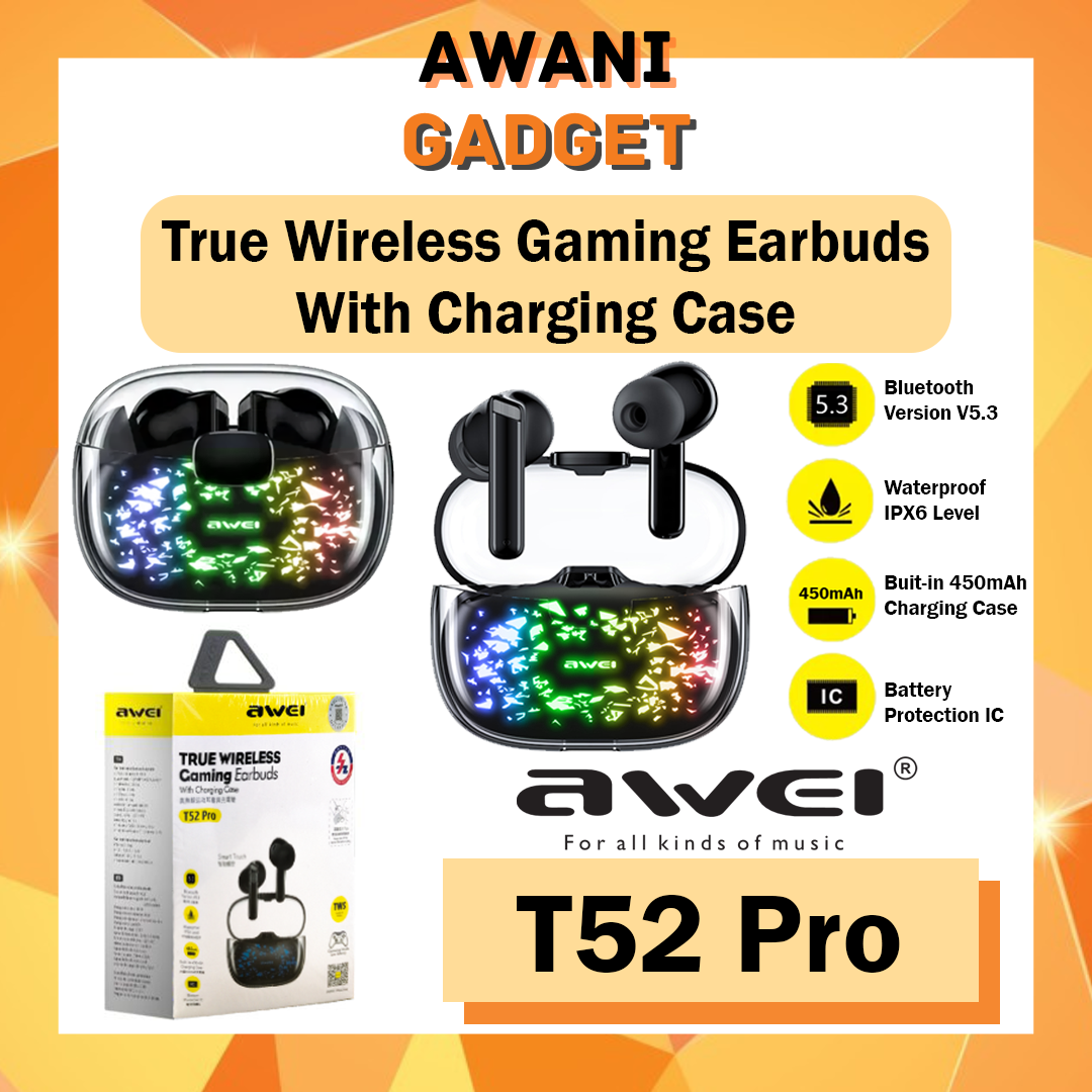 Awei T52 PRO True Wireless Gaming Earbuds With Charging Case Bluetooth Version 5.3 Waterproof ...