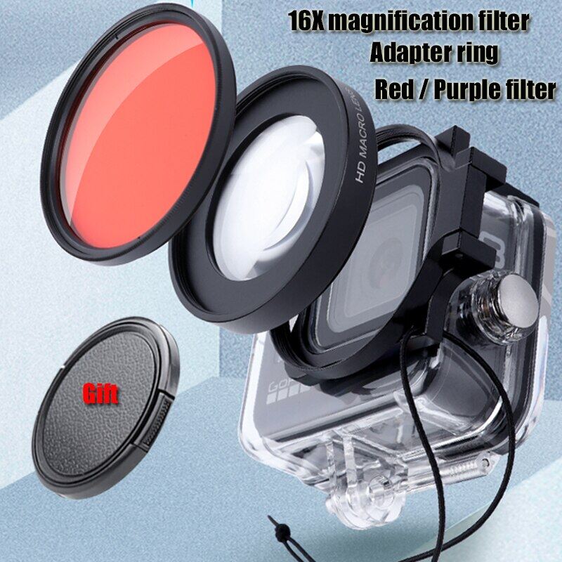 16X Macro Filter สำหรับ Gopro 10/9/8สีดำกันน้ำกรณีดำน้ำสีแดงสีม่วงกรอง ...