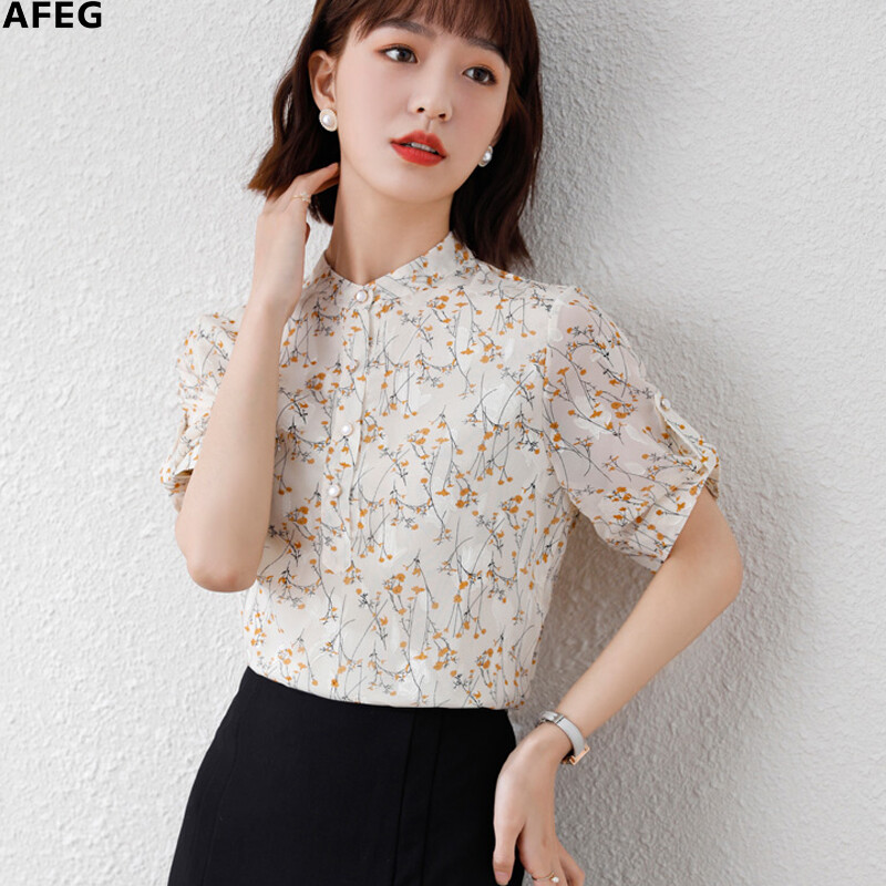 AFEG ใหม่แฟชั่นเกาหลีหลวมป่าดอกไม้ชีฟองแขนสั้นเสื้อสำหรับสตรี - AFEG ...