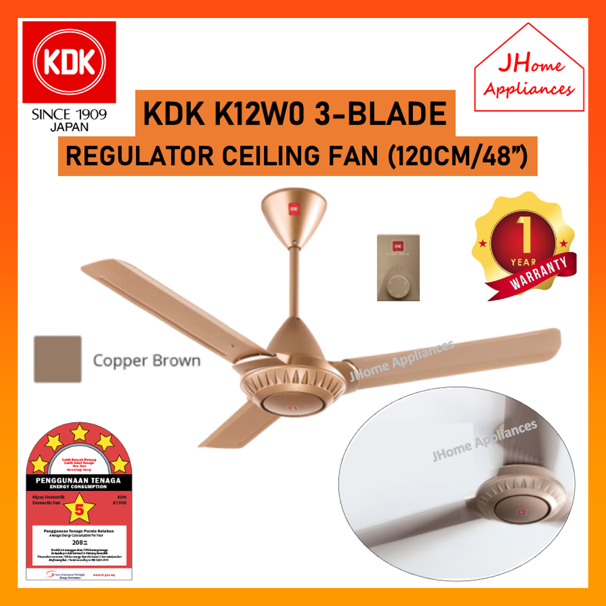 KDK K12W0 CEILING FAN REGULATOR [ 120CM / 48” ] KIPAS SILING ( COPPER ...