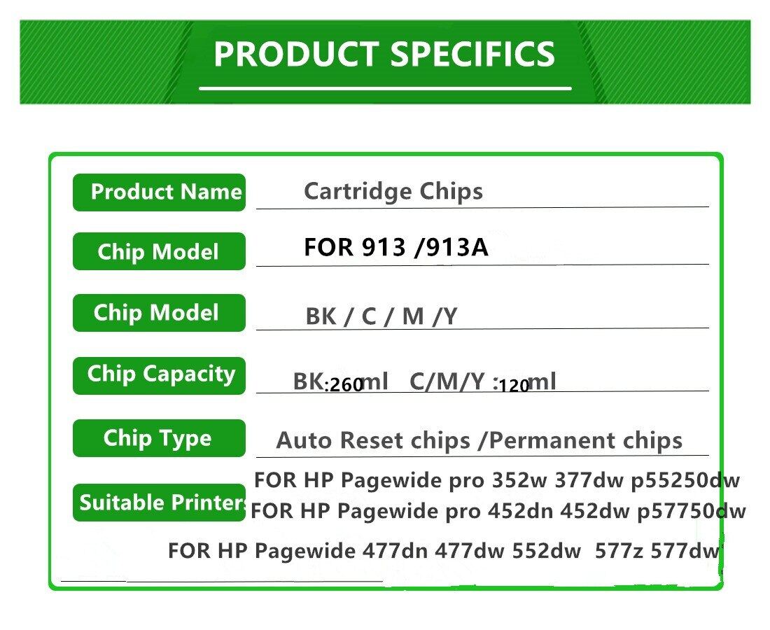 VB.4 For HP 913 913A Ink Cartridge CISS Auto Reset Chip For HP Pagewide Pro 352Dw 377Dw 452Dn ...