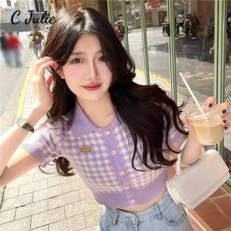 จูลี่ซี2022ใหม่เอเชียสาวร้อนพืชยอดนิยม Ins สไตล์แฟชั่นแขนสั้นเสื้อกันหนาวเสื้อยืดสตรีเกาหลีอเนก