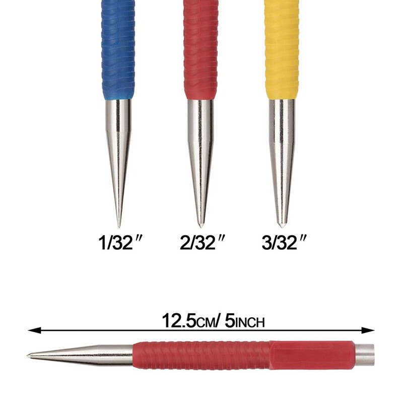 3 Pack 1/32, 1/16, 3/16 Nail Setter Center Punch Set with Stripe Grip ...